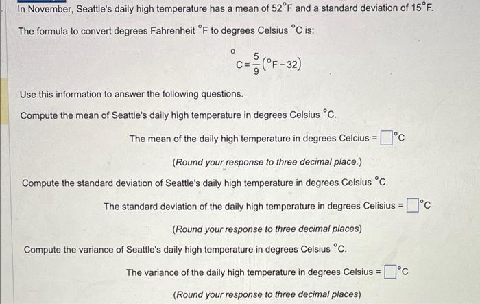 Solved In November, Seattle's daily high temperature has a | Chegg.com