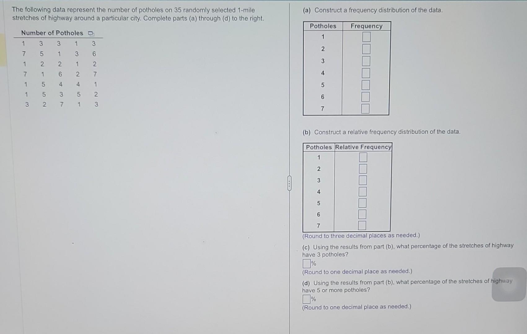 Solved The following data represent the number of potholes | Chegg.com