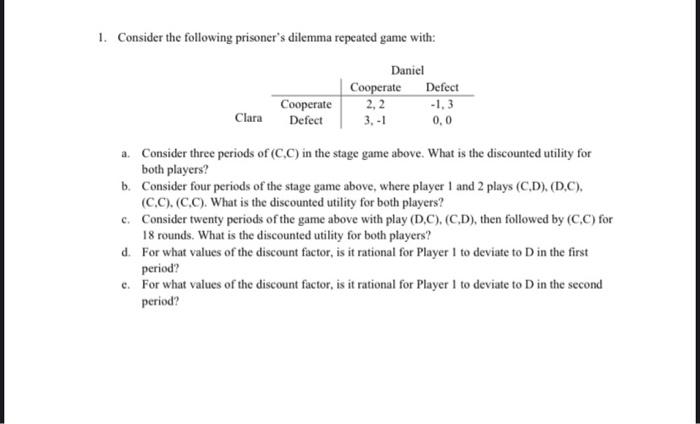 Solved 1. Consider the following prisoners dilemma repeated | Chegg.com