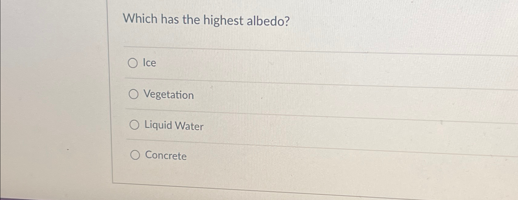 Solved Which has the highest albedo?IceVegetationLiquid | Chegg.com