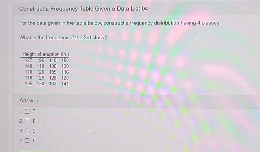 Solved Construct a Frequency Table Given a Data List 04For | Chegg.com