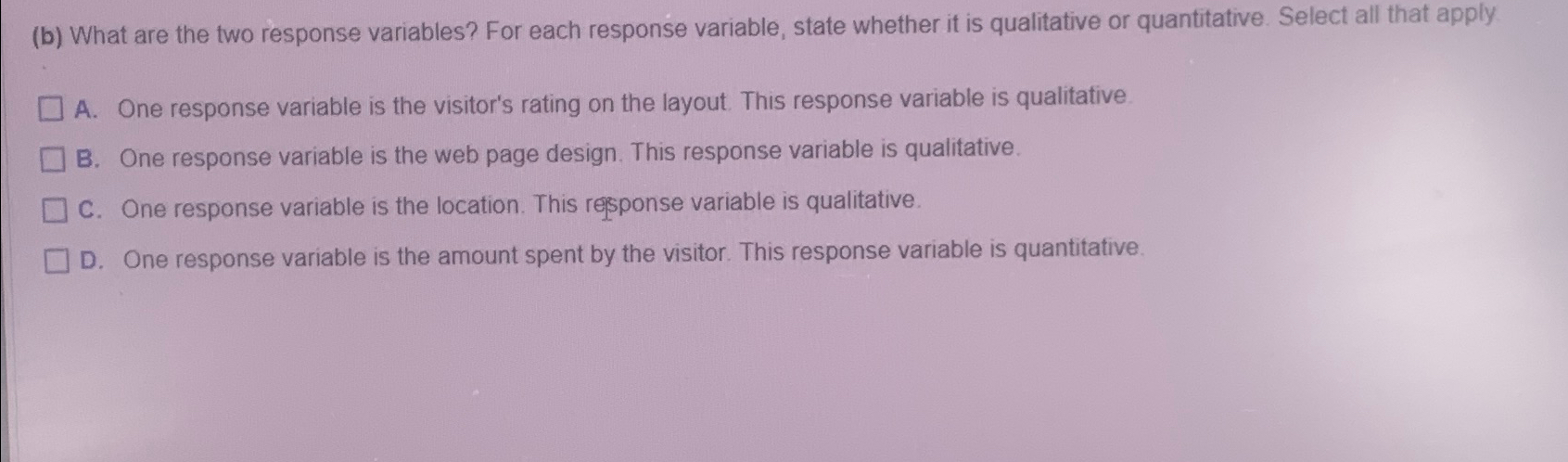 Solved (b) ﻿What are the two response variables? For each | Chegg.com