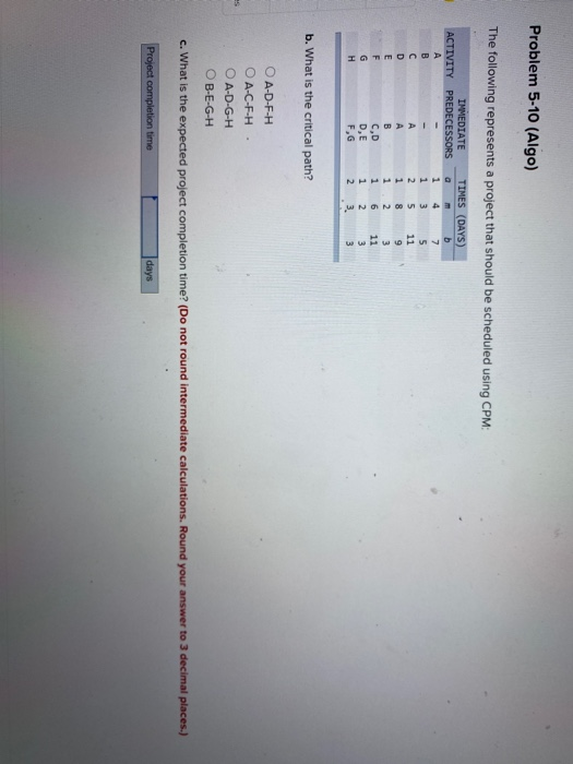 Solved Problem 5-10 (Algo) The following represents a | Chegg.com