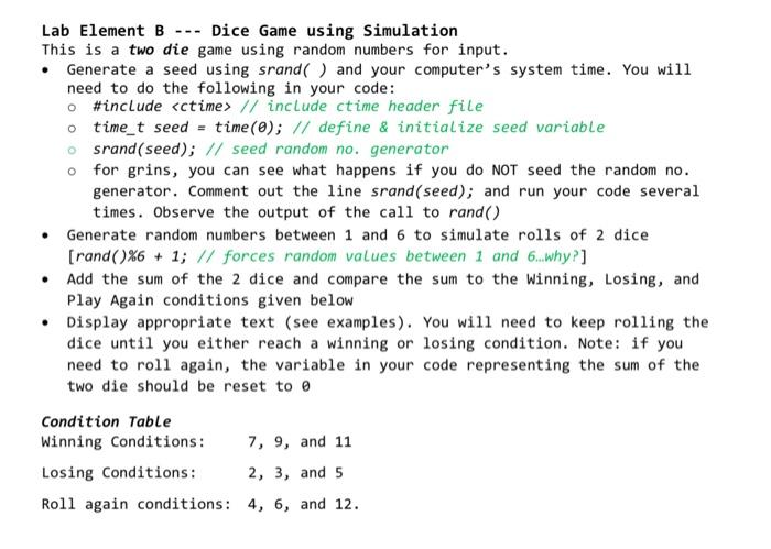 Solved Lab Element B --- Dice Game using Simulation This is | Chegg.com