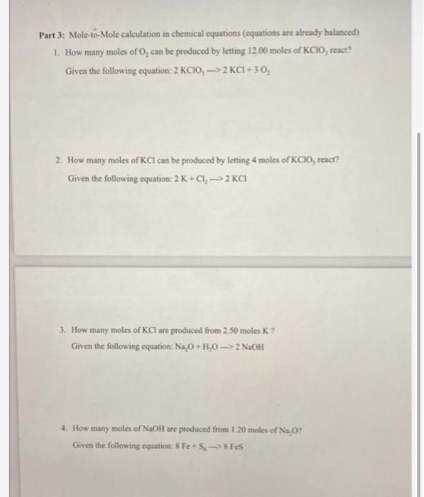 Solved Part 3: Mole-to-Mole calculation in chemical | Chegg.com