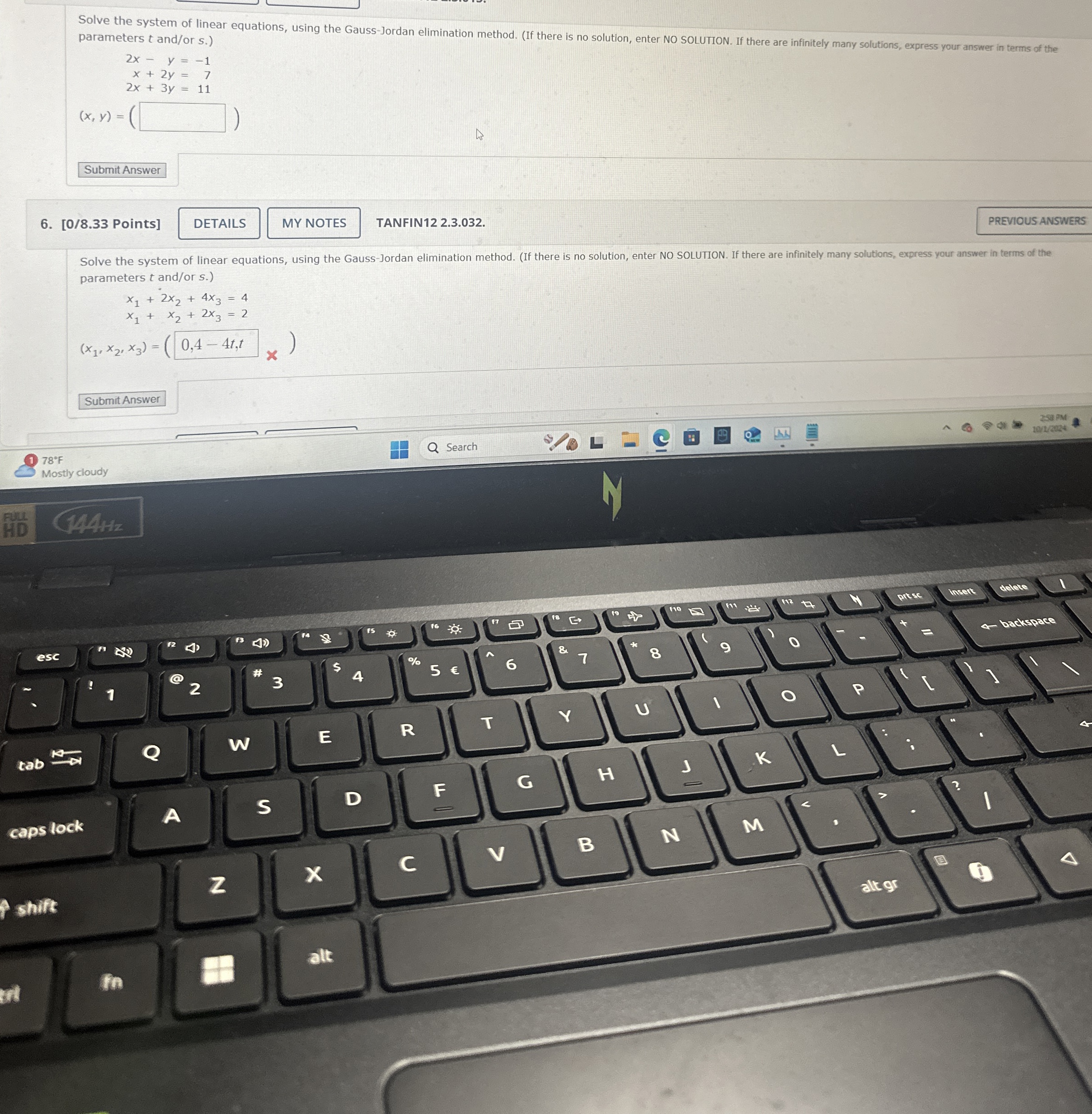 Solved parameters t ﻿and/or s.)[0/8.33 ﻿Points]parameters t | Chegg.com