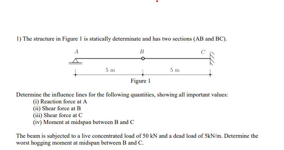 Solved The structure in Figure 1 ﻿is statically determinate | Chegg.com