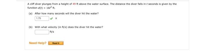 Solved A cliff diver plunges from a height of 49 ft above | Chegg.com Solved A cliff diver plunges from a height of 49 ft above | Chegg.com