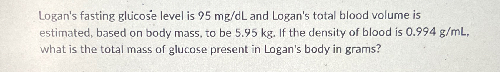 Solved Logan's fasting glucose level is 95mgdL ﻿and Logan's | Chegg.com