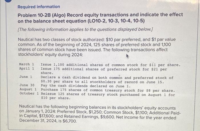 Solved Problem 10-2B (Algo) Record equity transactions and | Chegg.com