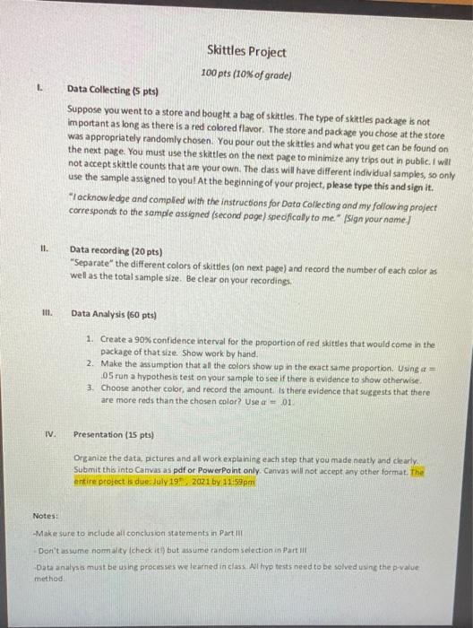 Solved 1. Skittles Project 100 pts (10% of grade) Data | Chegg.com