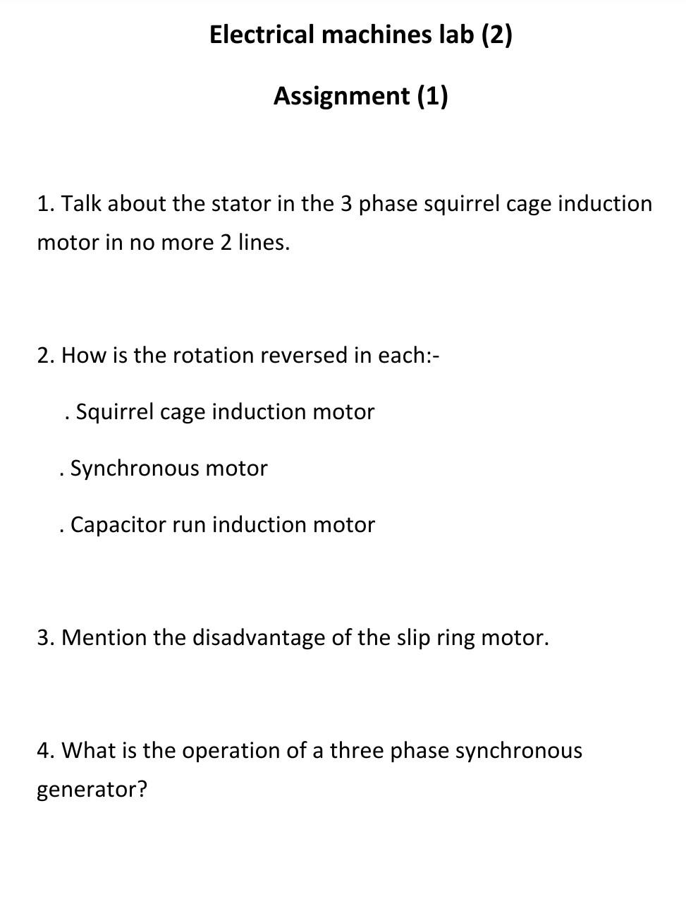 Solved Electrical machines lab (2) Assignment (1) 1. Talk | Chegg.com