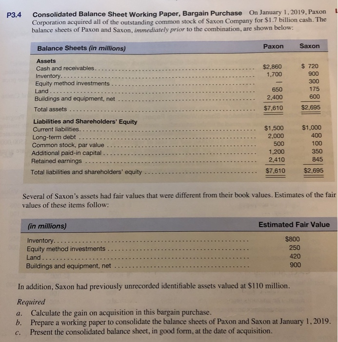 Solved Consolidated Balance Sheet Working Paper, Bargain | Chegg.com