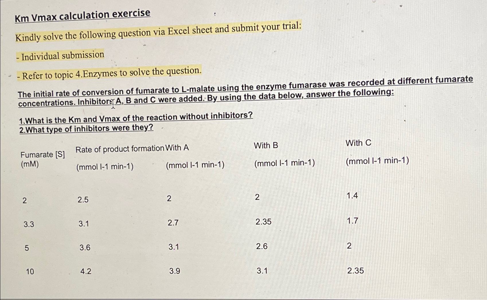 Solved Km Vmax calculation exerciseKindly solve the | Chegg.com