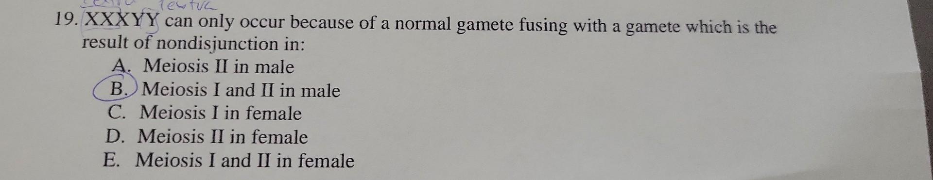 Solved 19. XXXYY can only occur because of a normal gamete | Chegg.com