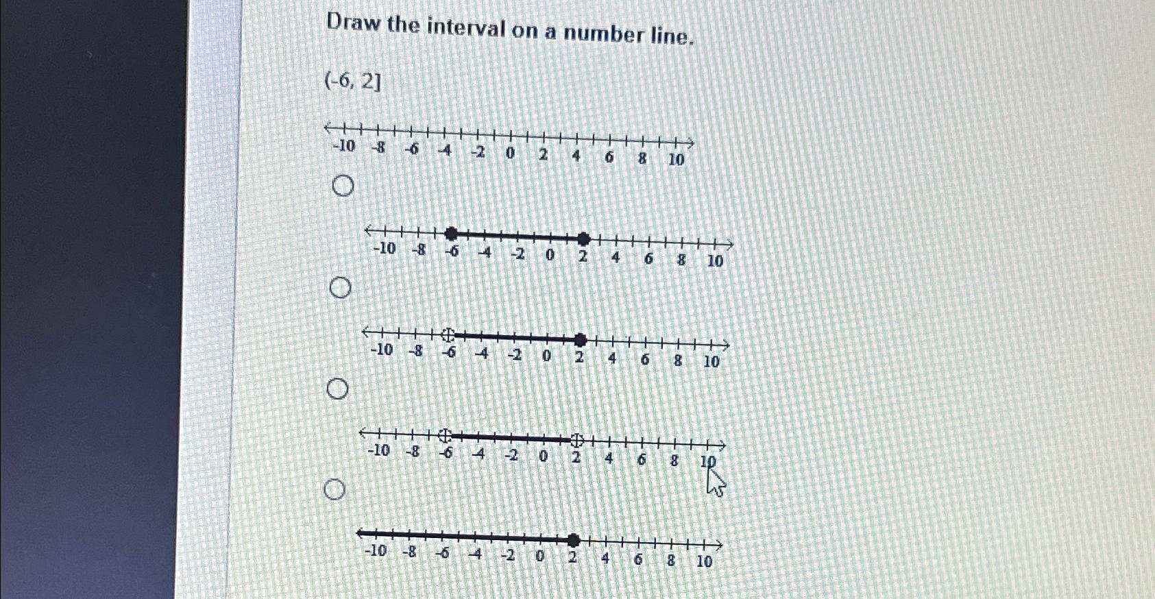 Solved Draw the interval on a number line.(-6,2] | Chegg.com