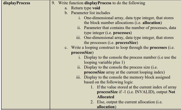 Solved displayProcess 9. Write function displayProcess to do | Chegg.com