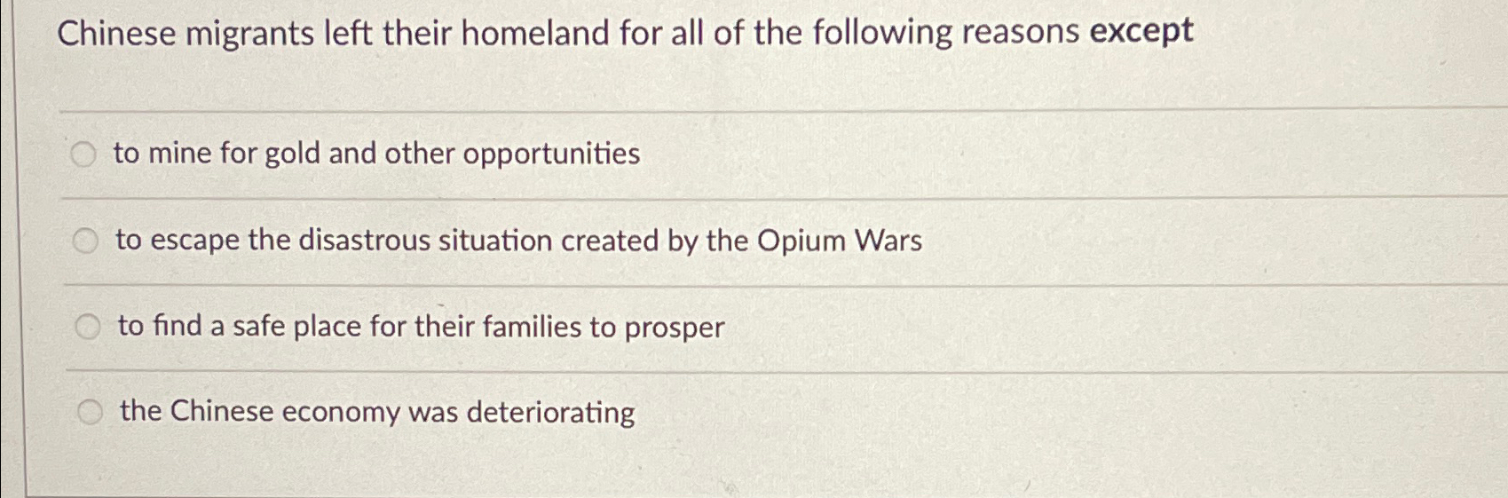 Solved Chinese migrants left their homeland for all of the | Chegg.com
