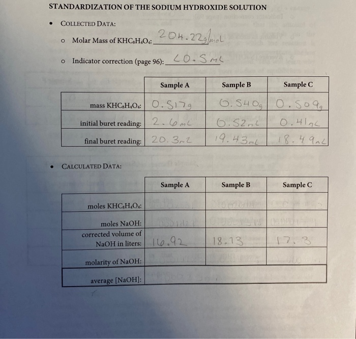 Solved STANDARDIZATION OF THE SODIUM HYDROXIDE SOLUTION | Chegg.com