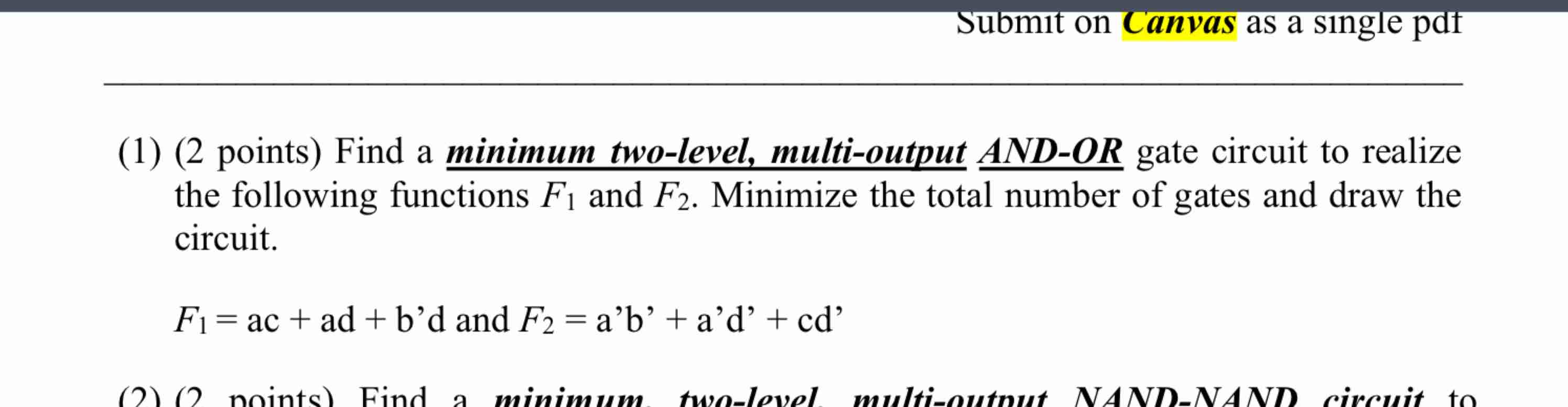 Solved (2 ﻿points) ﻿Find a minimum two-level, multi-output | Chegg.com