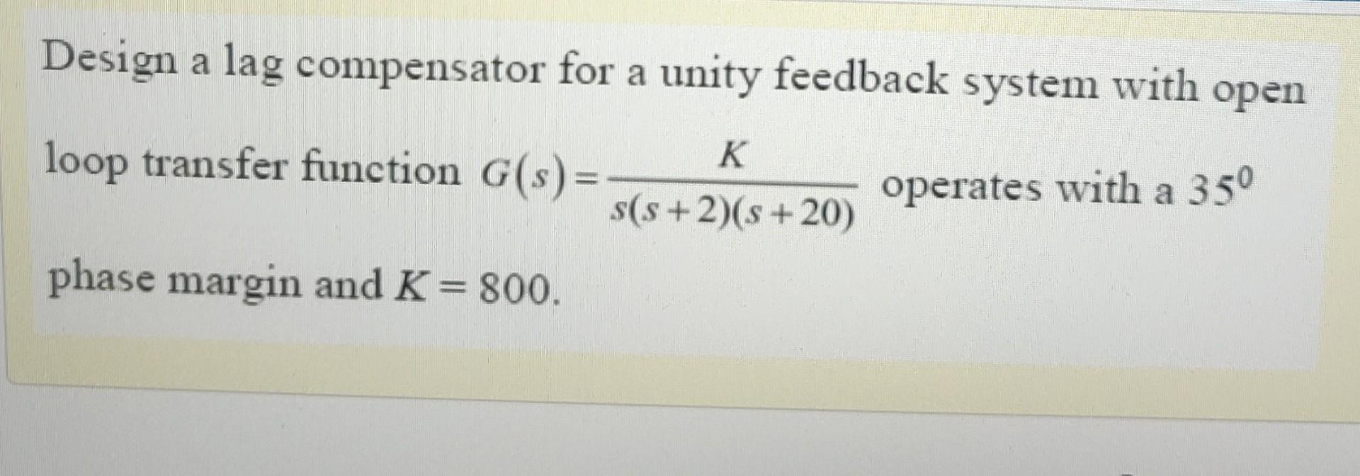 Solved Design a lag compensator for a unity feedback system | Chegg.com