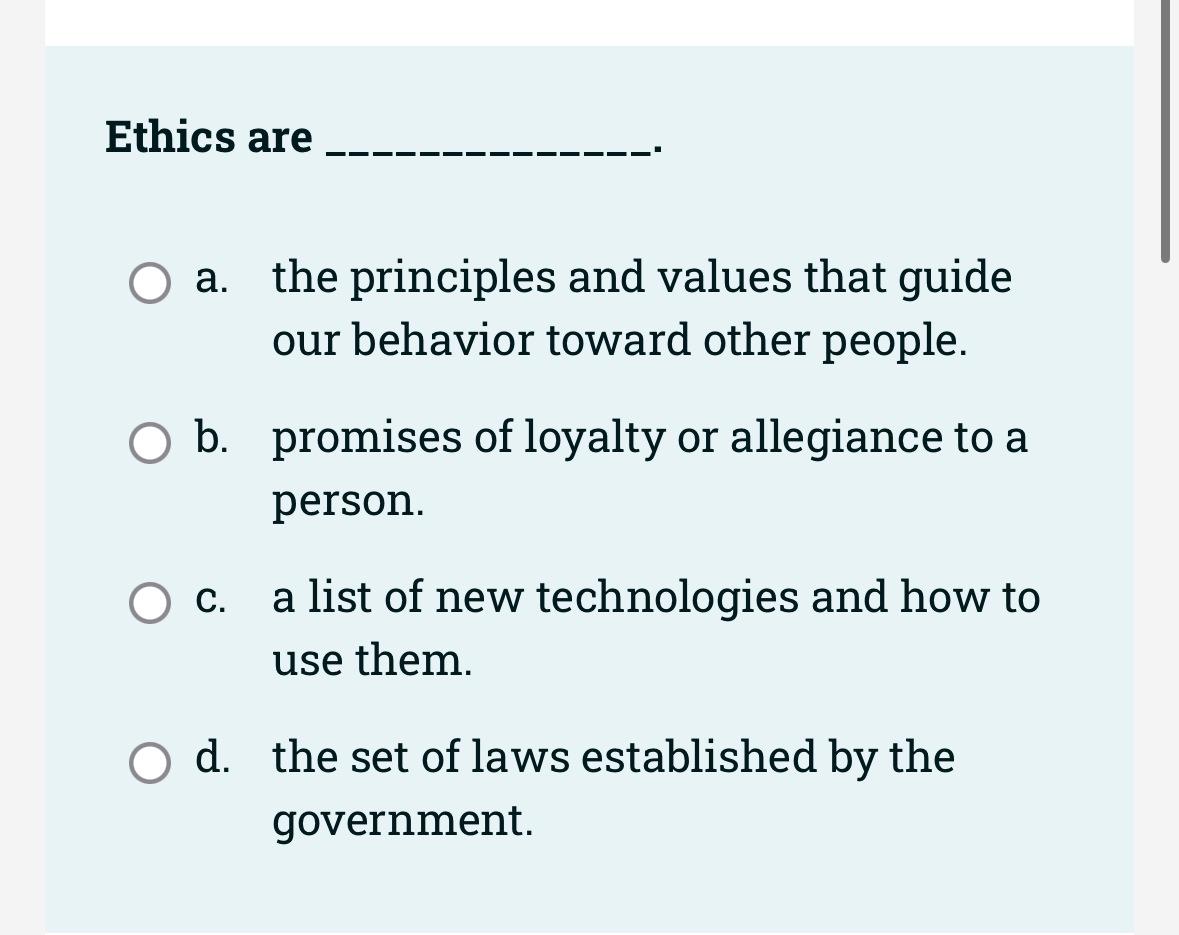 Solved Ethics area. ﻿the principles and values that guide | Chegg.com