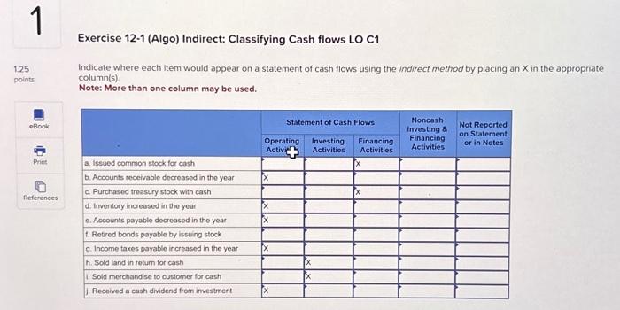 Solved Exercise 12-1 (Algo) Indirect: Classifying Cash flows | Chegg.com Solved Exercise 12-1 (Algo) Indirect: Classifying Cash flows | Chegg.com