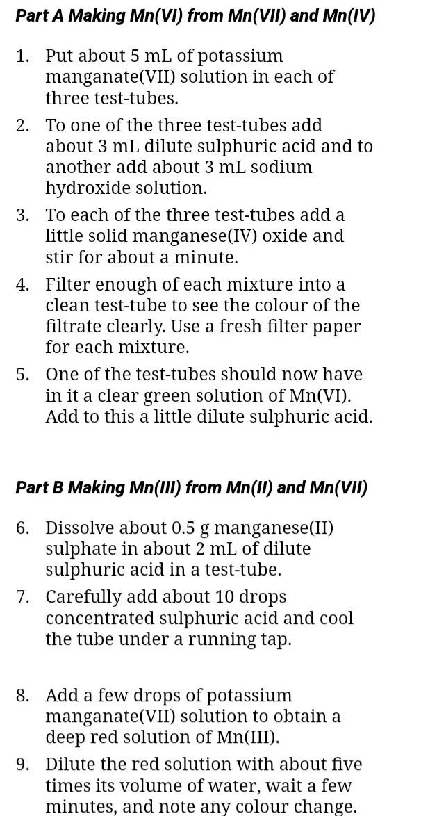 Solved Part A Making Mn(VI) from Mn(VII) and Mn(IV) 1. Put | Chegg.com