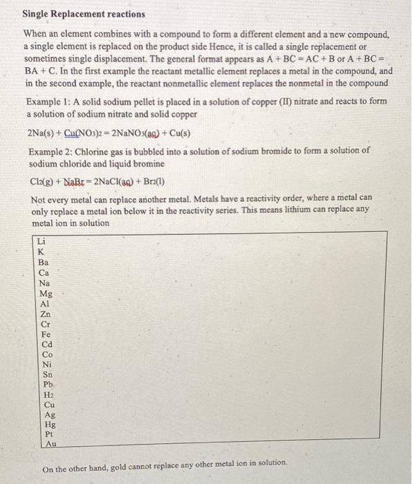 Solved Single Replacement reactions When an element combines | Chegg.com