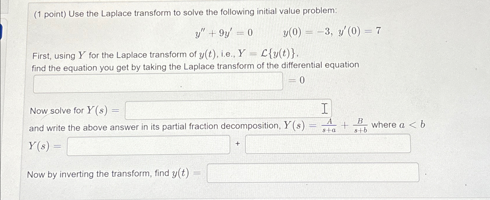Solved (1 ﻿point) ﻿Use the Laplace transform to solve the | Chegg.com
