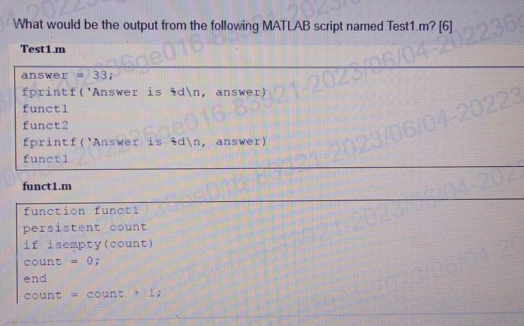Solved what would be the output from the following MATLAB | Chegg.com
