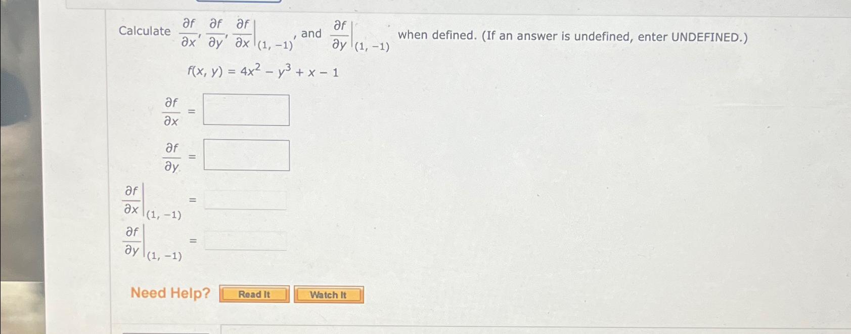 Solved Calculate delfdelx,delfdely,delfdelx|(1,-1)|, ﻿and | Chegg.com