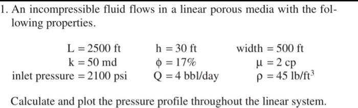 Solved 1. An incompressible fluid flows in a linear porous | Chegg.com