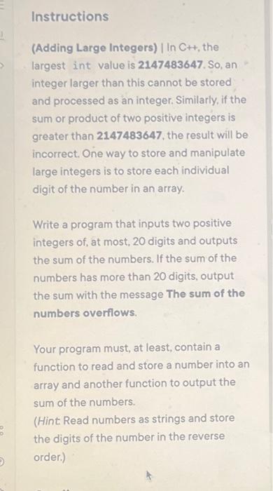 Solved Instructions (Adding Large Integers) | In C++, the | Chegg.com