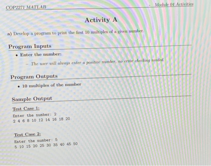 Solved Module 04 Activities COP 2271 MATLAB Activity A a) | Chegg.com