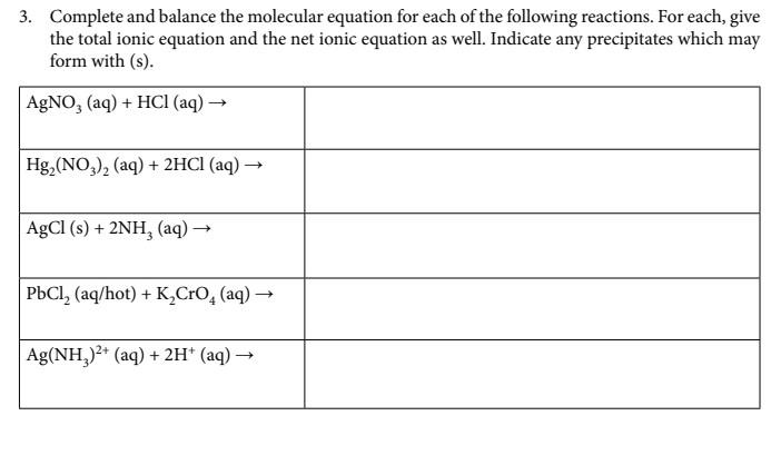 Solved 3. Complete and balance the molecular equation for | Chegg.com