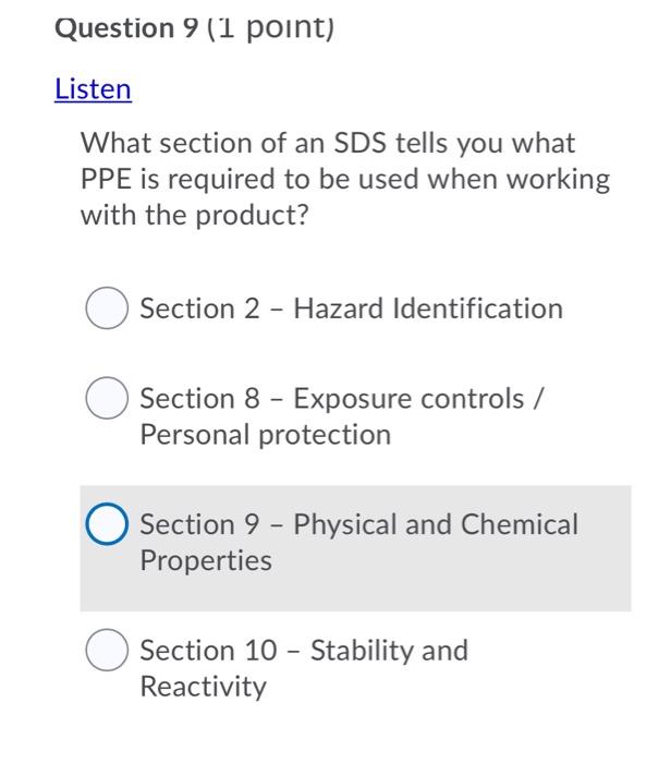 Solved Question 9 (1 point) Listen What section of an SDS | Chegg.com