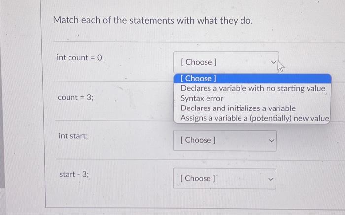 Solved Match each of the statements with what they do. int | Chegg.com