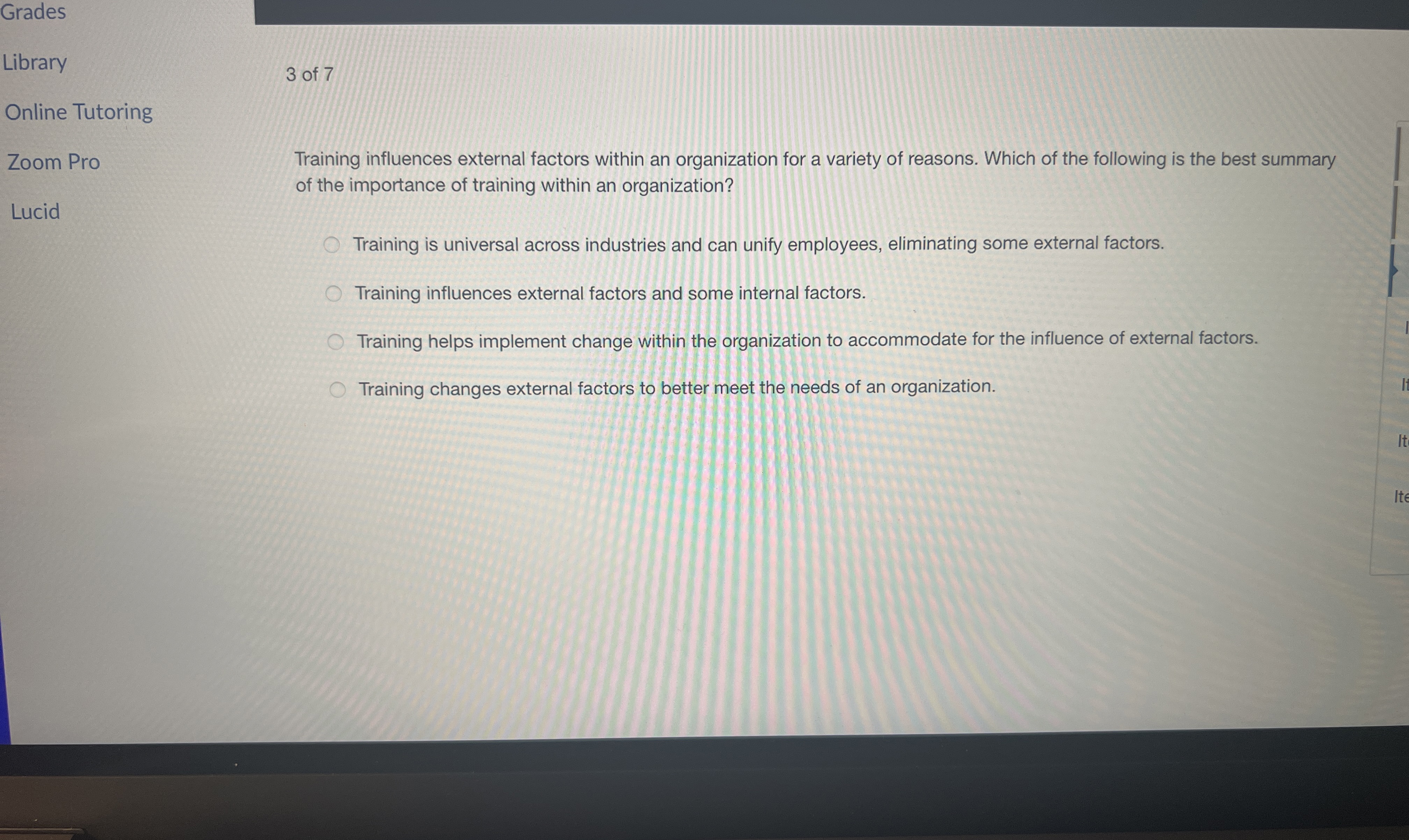 Solved GradesLibrary3 ﻿of 7Online TutoringZoom ProTraining | Chegg.com