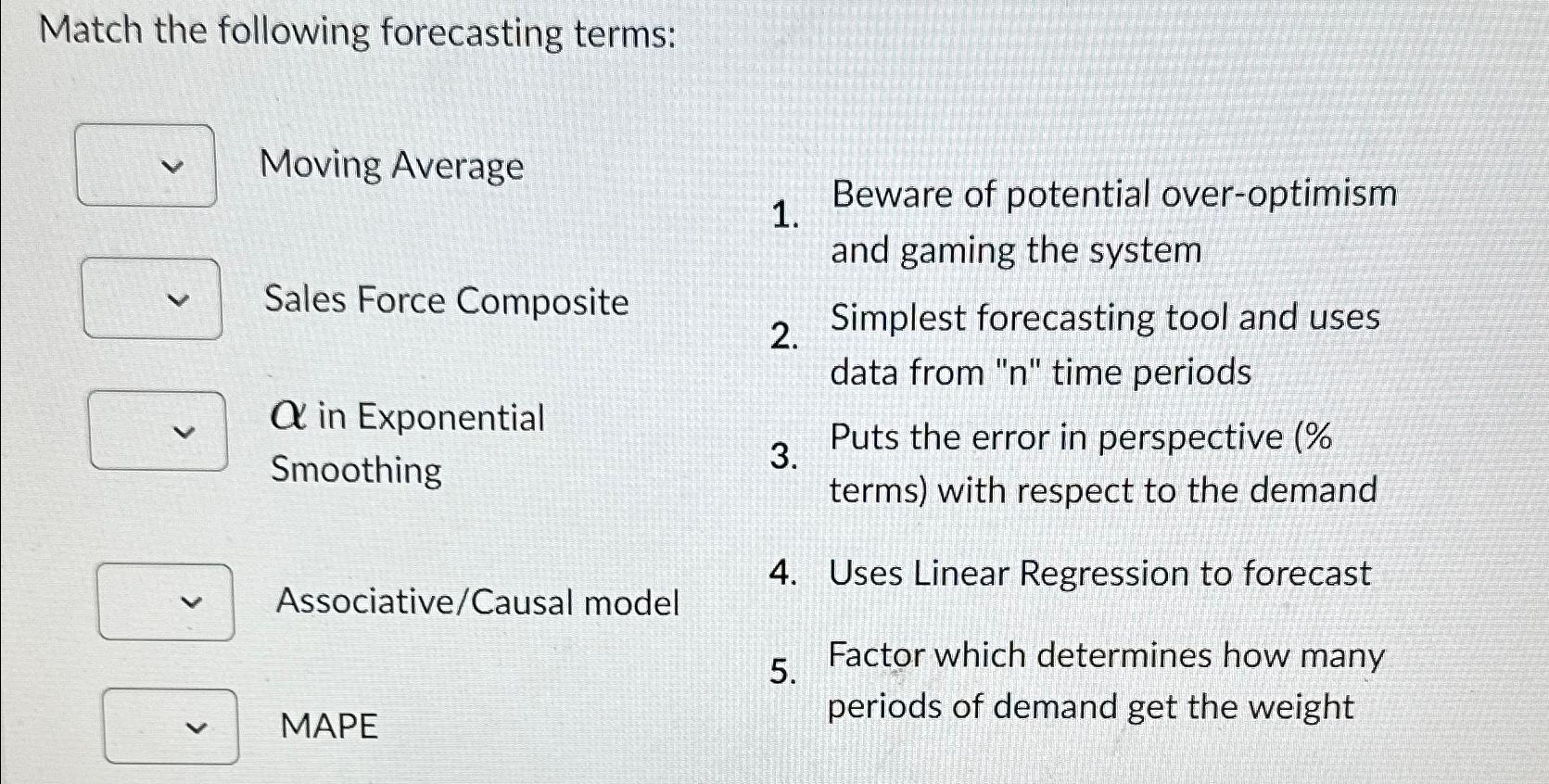 Solved Match the following forecasting terms:Moving | Chegg.com