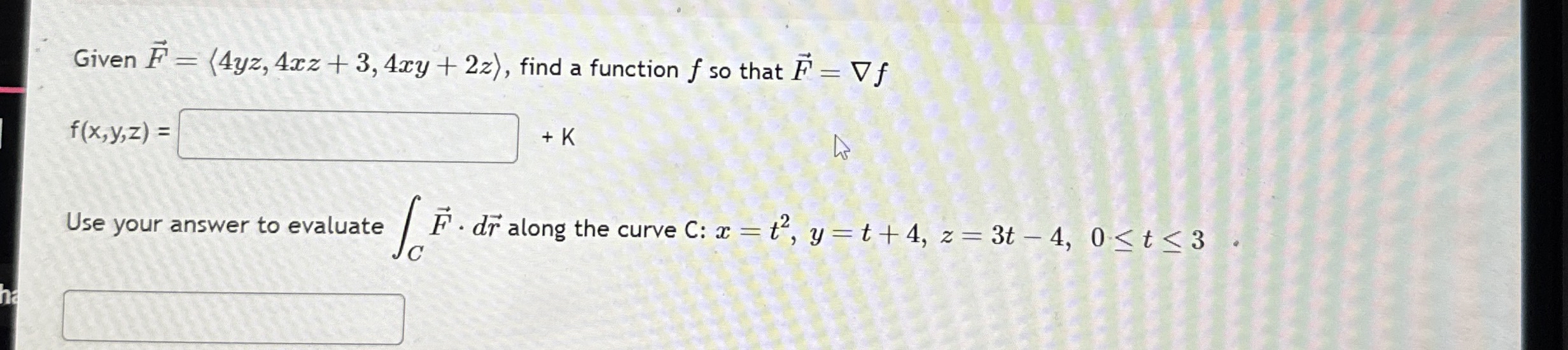 Solved Given vec(F)=(:4yz,4xz+3,4xy+2z:), ﻿find a function f | Chegg.com