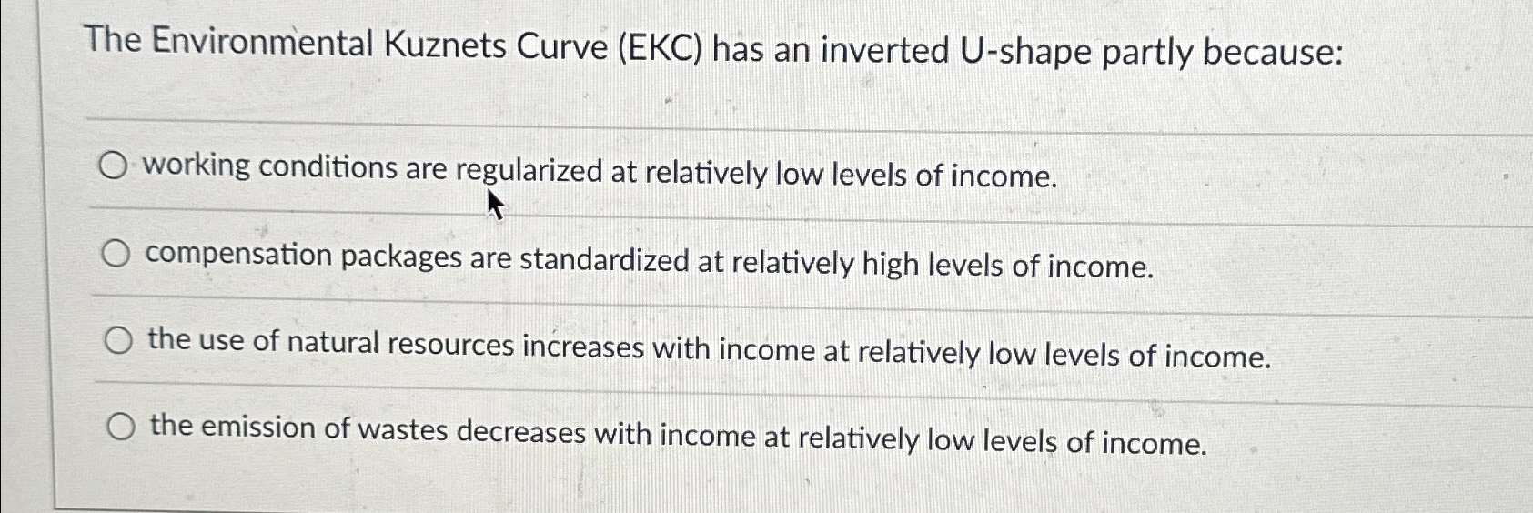 Solved The Environmental Kuznets Curve (EKC) ﻿has an | Chegg.com