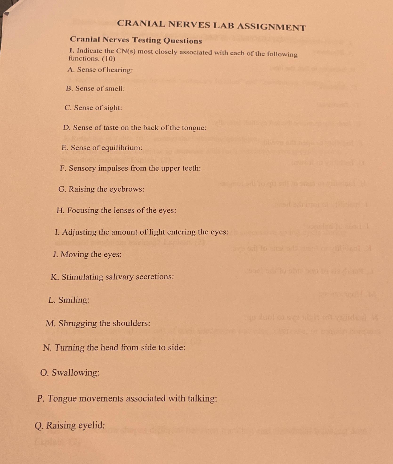 Solved CRANIAL NERVES LAB ASSIGNMENTCranial Nerves Testing | Chegg.com