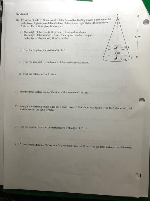 Solved 20. A frustum of a three dimensional solid is formed | Chegg.com