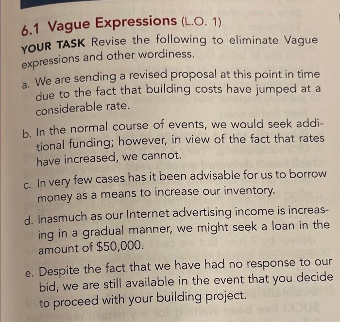 6.1 Vague Expressions (L.O. 1) YOUR TASK Revise the | Chegg.com