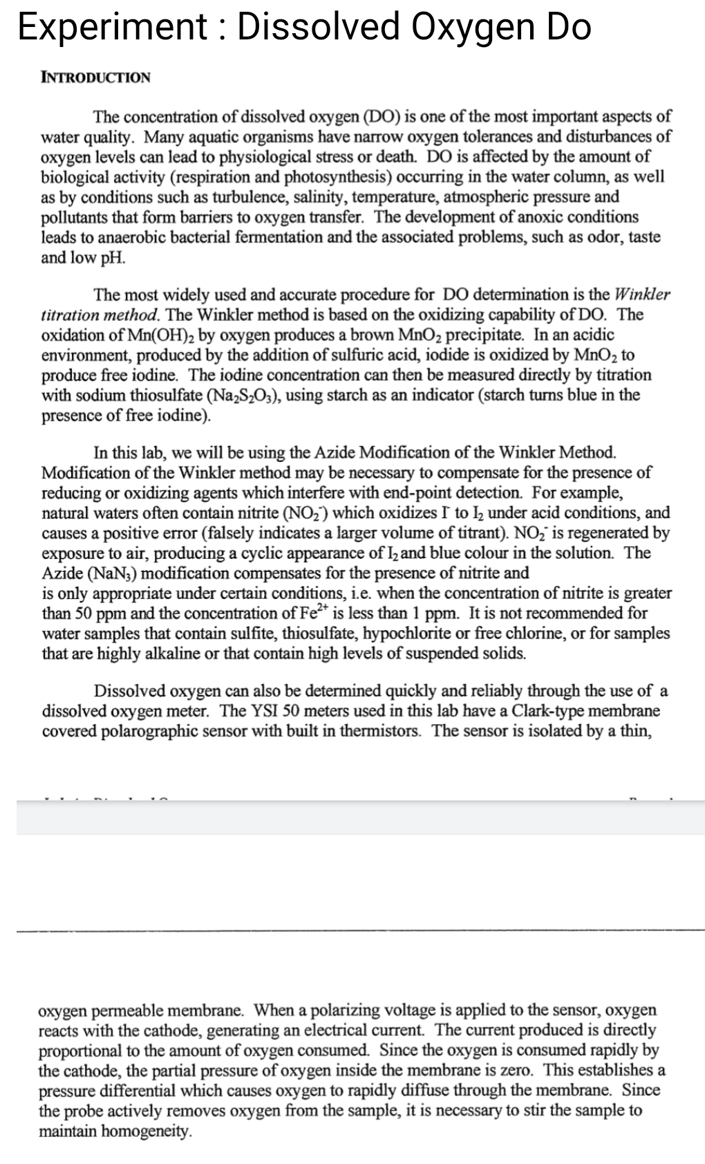 Solved Experiment : Dissolved Oxygen Do INTRODUCTION The | Chegg.com