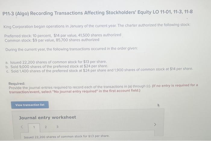 Solved P11-3 (Algo) Recording Transactions Affecting | Chegg.com