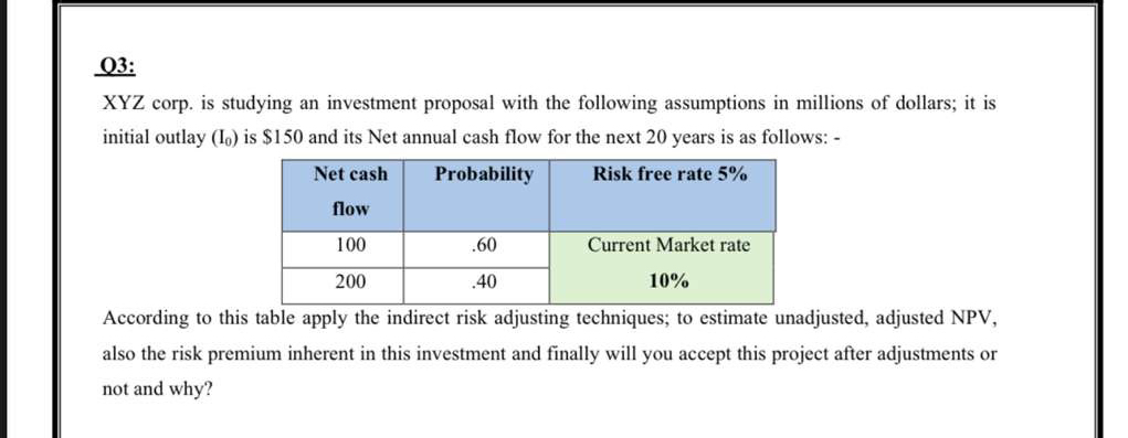 Solved Q3:xYZ ﻿corp. is studying an investment proposal with | Chegg.com