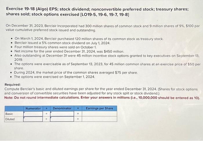 Solved Exercise 19-18 (Algo) EPS; stock dividend; | Chegg.com