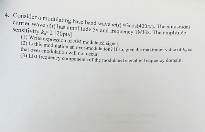Solved 4. Consider a modulating base band wave | Chegg.com